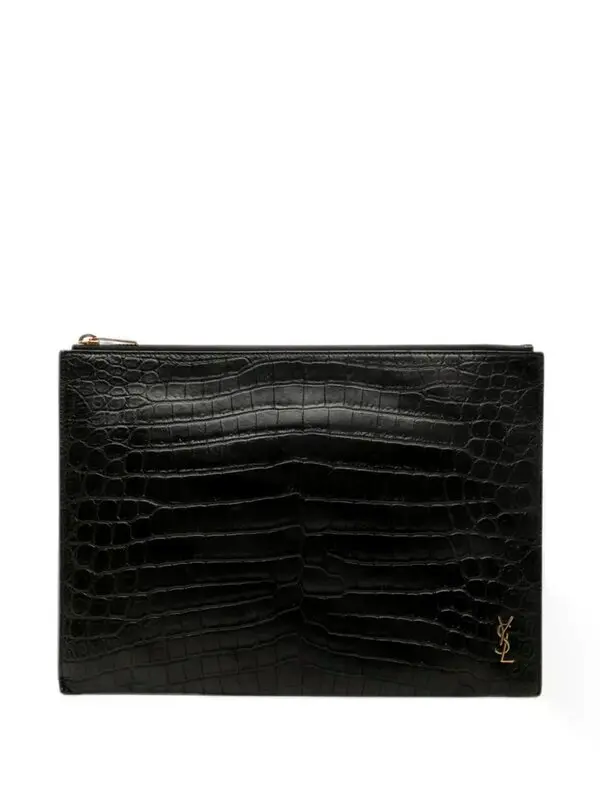 Saint Laurent Croc Embossed Leather Tablet Holder Clutch Bag - Black
