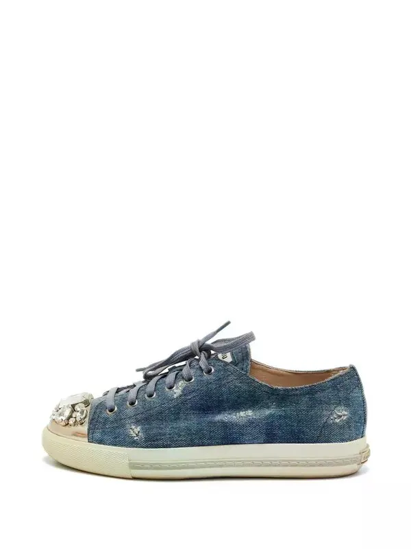 Miu Miu Crystal-embellished Distressed Denim Lace-up Sneakers - Blue