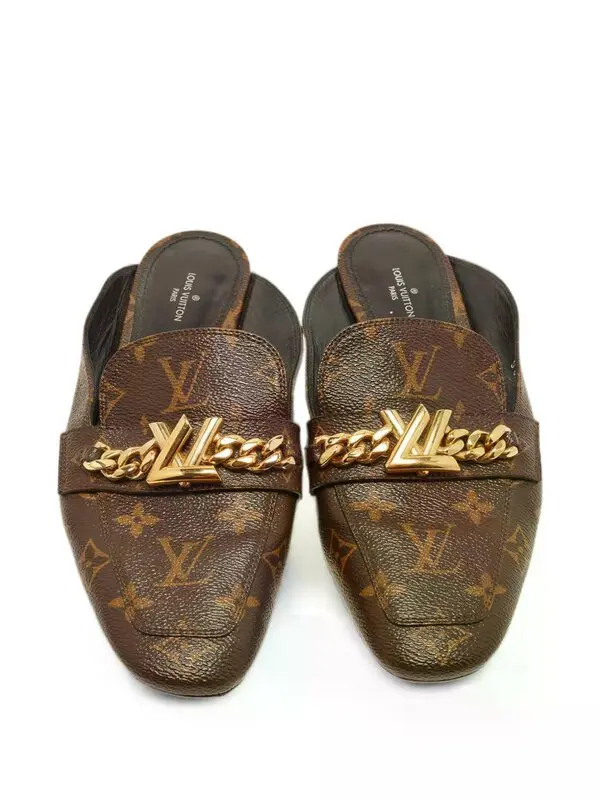 LOUIS VUITTON Monogram Canvas Mules With Gold-tone Chain Link