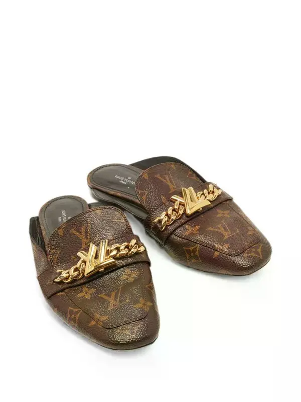 LOUIS VUITTON Monogram Canvas Mules With Gold-tone Chain Link