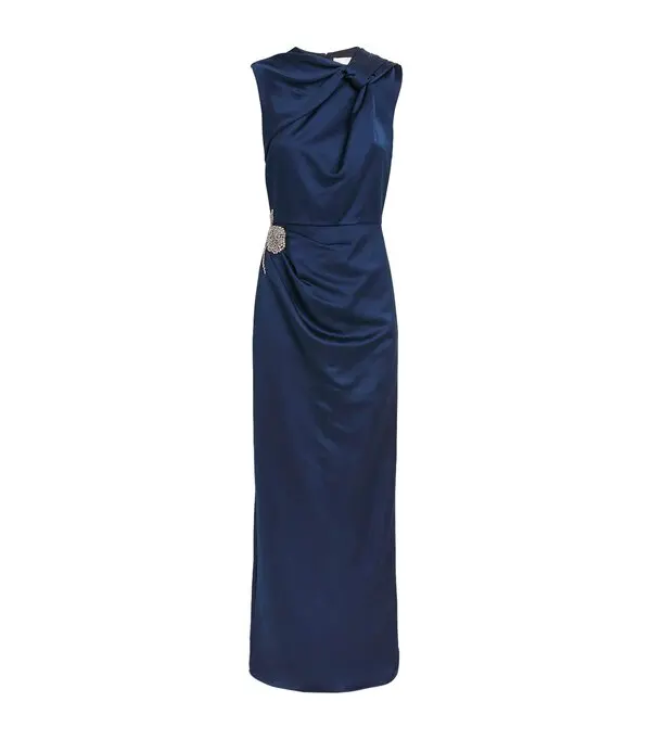 Erdem Embroidered Satin Pencil Gown - Navy
