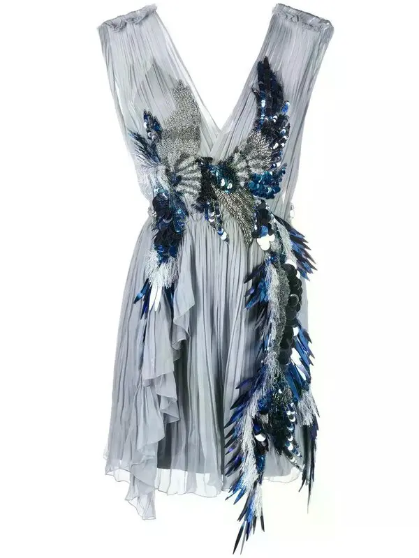 Alberta Ferretti Embellished Pleated V-back Dress - Grey