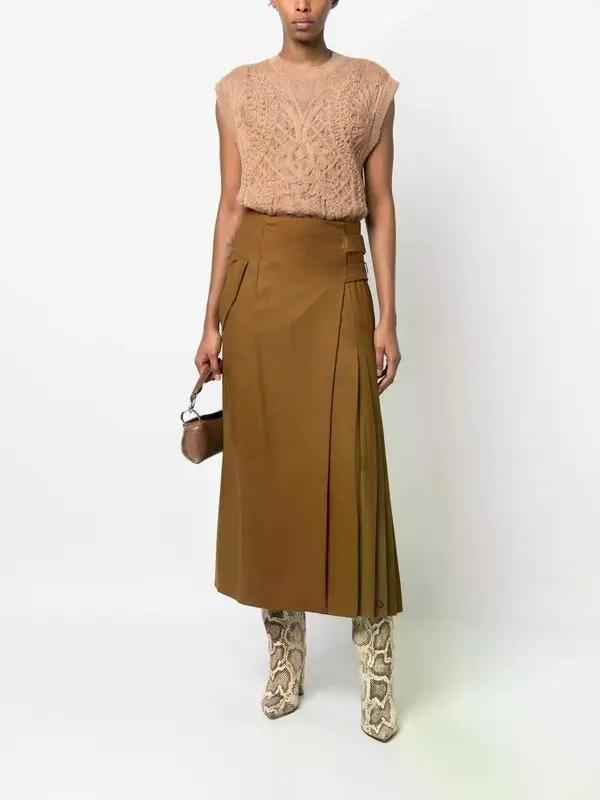 Alberta Ferretti Pleated Knitted Midi Skirt - Brown