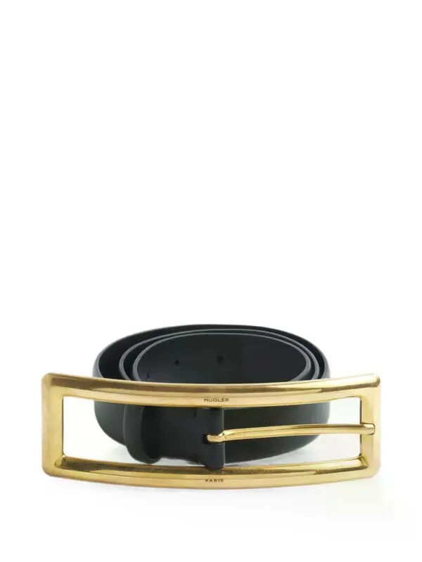 MUGLER Smooth Leather And Gold Rectangle Buckle Belt - Black