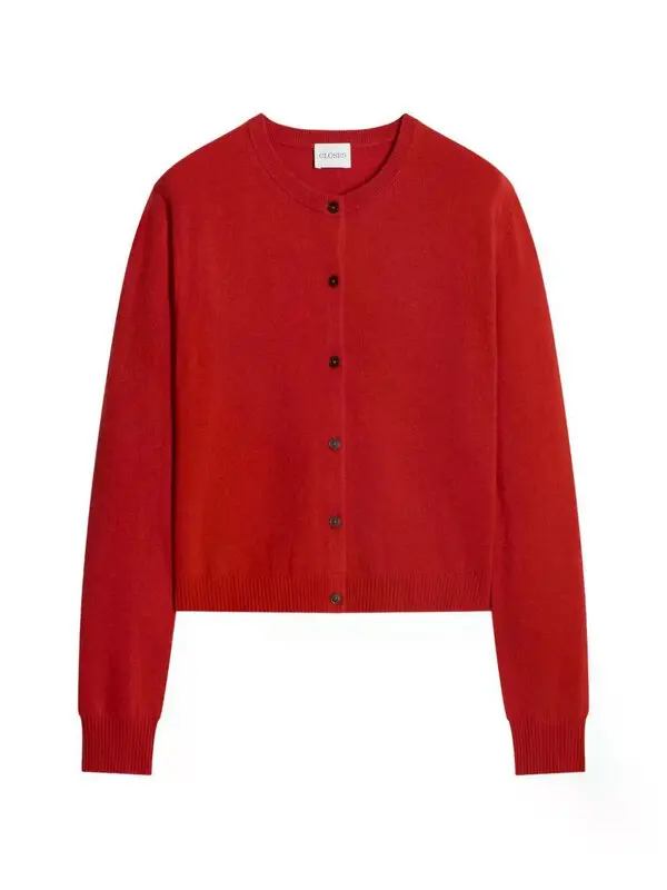 Closed Crew-neck Long-sleeve Cardigan - Red