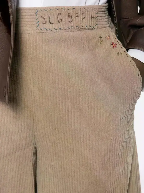 BYE Corduroy Floral-embroidered Wide-leg Trousers
