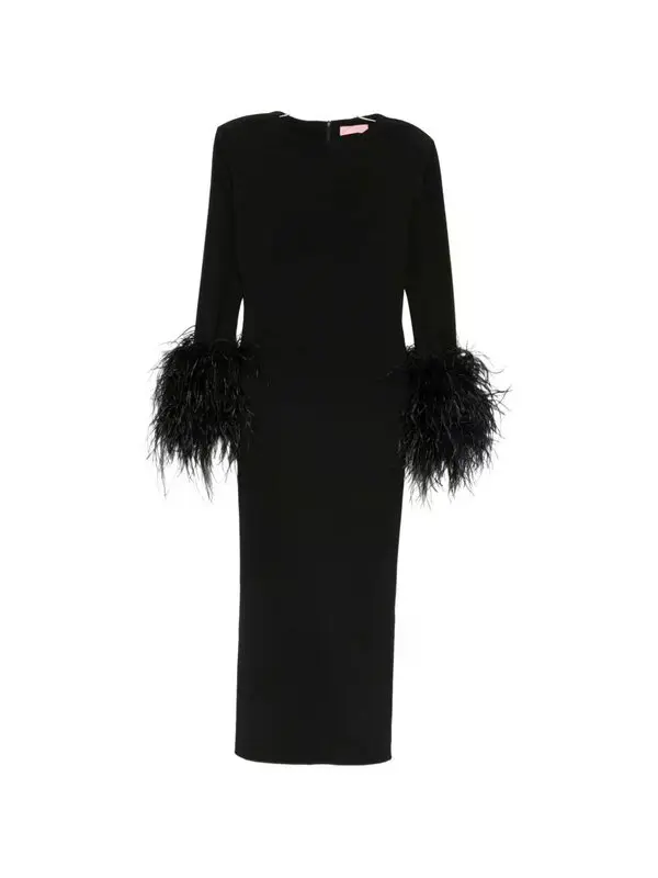 TWENTY FOURHAITCH Feather-trim Long-sleeve Midi Dress - Black