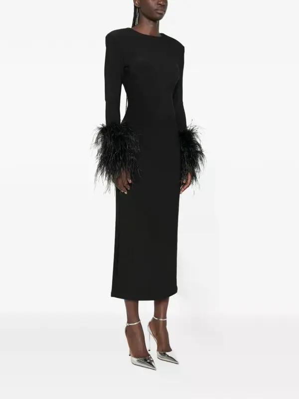 TWENTY FOURHAITCH Feather-trim Long-sleeve Midi Dress