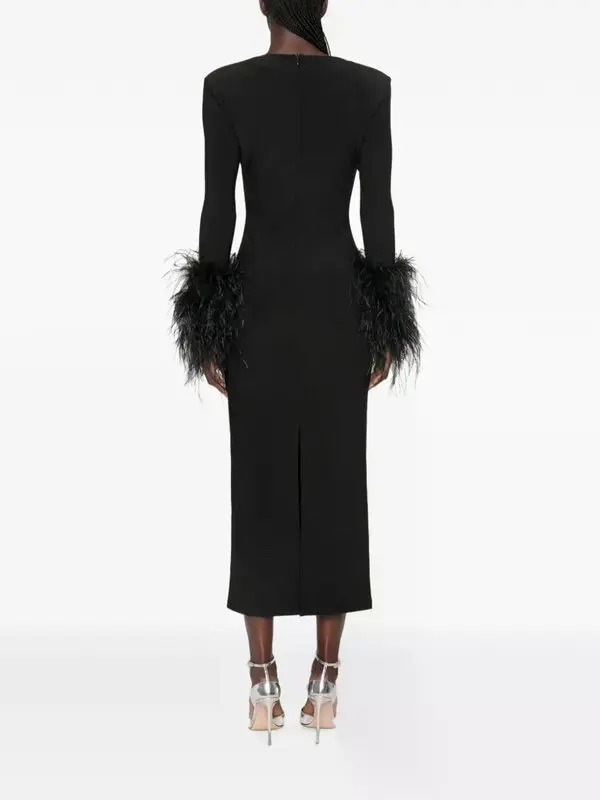 TWENTY FOURHAITCH Feather-trim Long-sleeve Midi Dress