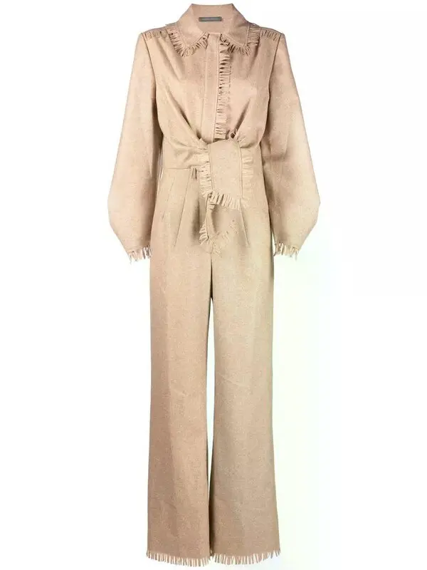 Alberta Ferretti Beige Virgin Wool Blend Fringed Jumpsuit - Neutrals