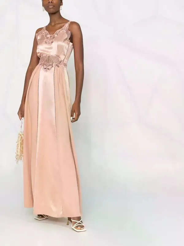 Alberta Ferretti Layered Lace Trimmed Silk Maxi Dress
