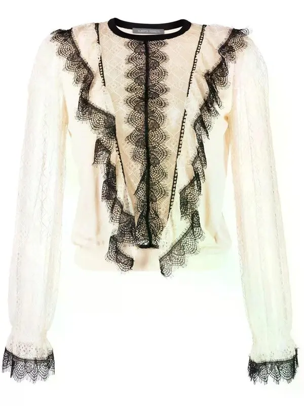 Alberta Ferretti Lace-detail Long-sleeve Blouse - Neutrals