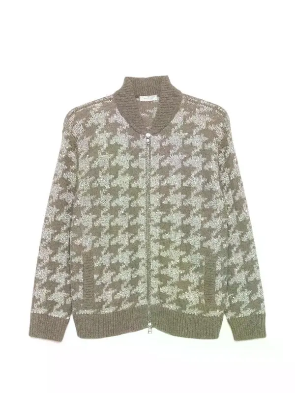 PANICALE Houndstooth Pattern Sequin Embellished Zip-up Cardigan