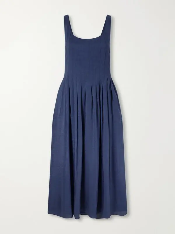 LA LIGNE Pleated Linen-blend Midi Dress - Blue
