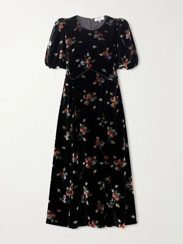 Sea Leda Floral-patterned Velvet Midi Dress - Black
