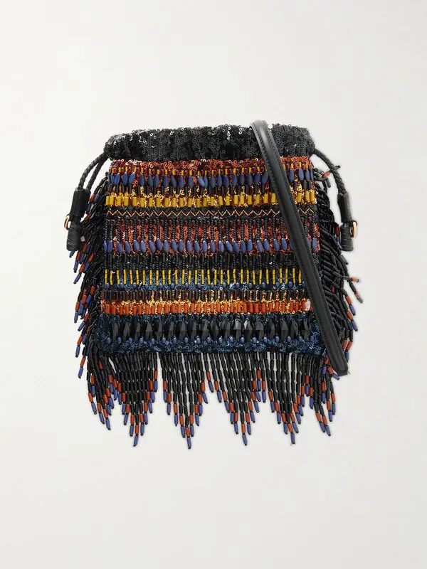 Etro Kalispera Fringed Bead-embellished Leather-trimmed Sequined Drawstring Bag - Black