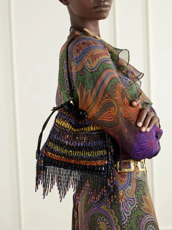 Etro Kalispera Fringed Bead-embellished Leather-trimmed Sequined Drawstring Bag