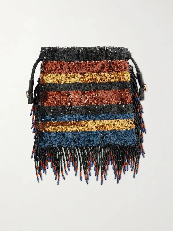 Etro Kalispera Fringed Bead-embellished Leather-trimmed Sequined Drawstring Bag