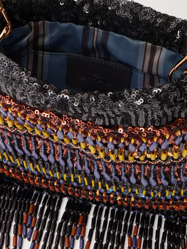 Etro Kalispera Fringed Bead-embellished Leather-trimmed Sequined Drawstring Bag