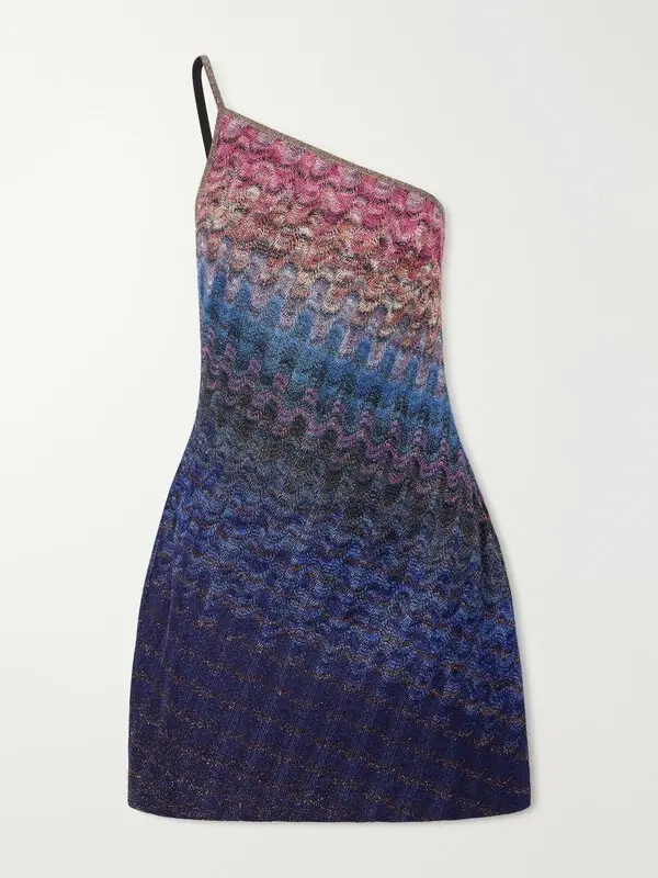 Missoni One-shoulder Metallic Crochet-knit Mini Dress - Blue