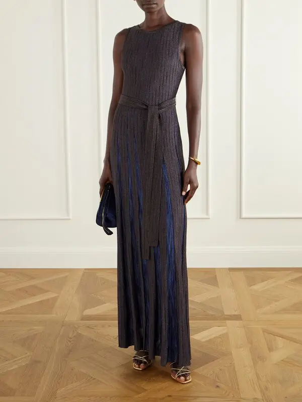 Missoni Belted Pleated Metallic Crochet-knit Maxi Dress - Blue