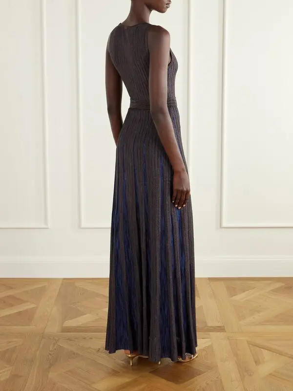 Missoni Belted Pleated Metallic Crochet-knit Maxi Dress - Blue
