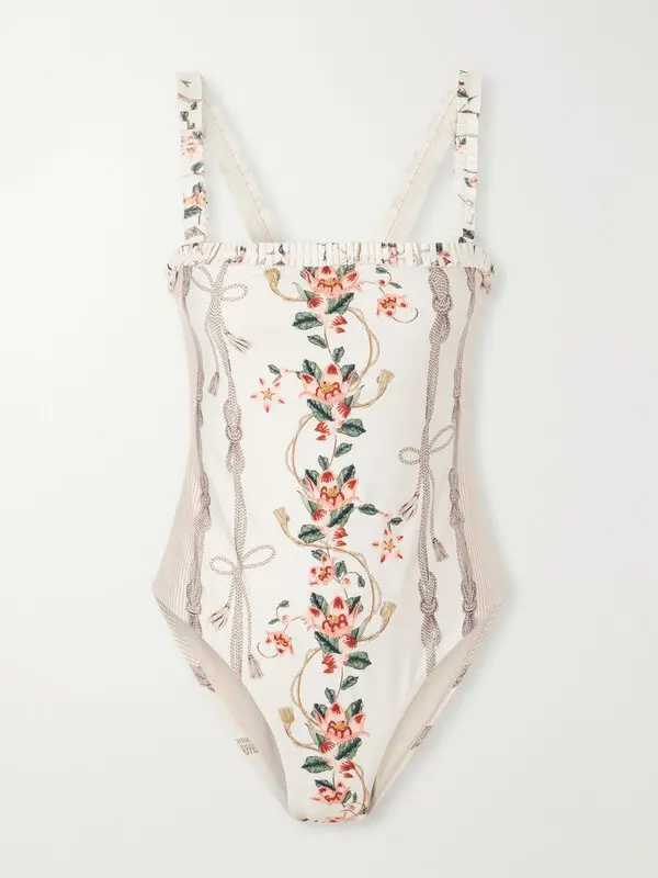 Agua Bendita Limón Navegante Floral-embroidered Recycled-blend Swimsuit - Neutrals