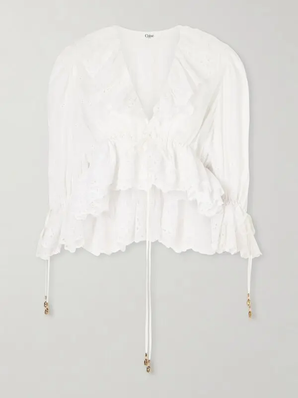 Chloé Cropped Embellished Ruffled Broderie Anglaise Cotton-blend Top - White
