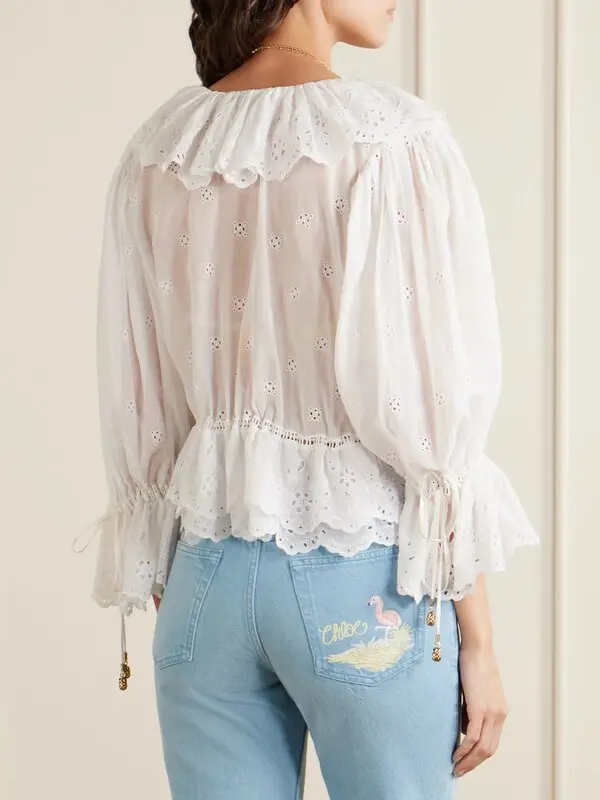 Chloé Cropped Embellished Ruffled Broderie Anglaise Cotton-blend Top
