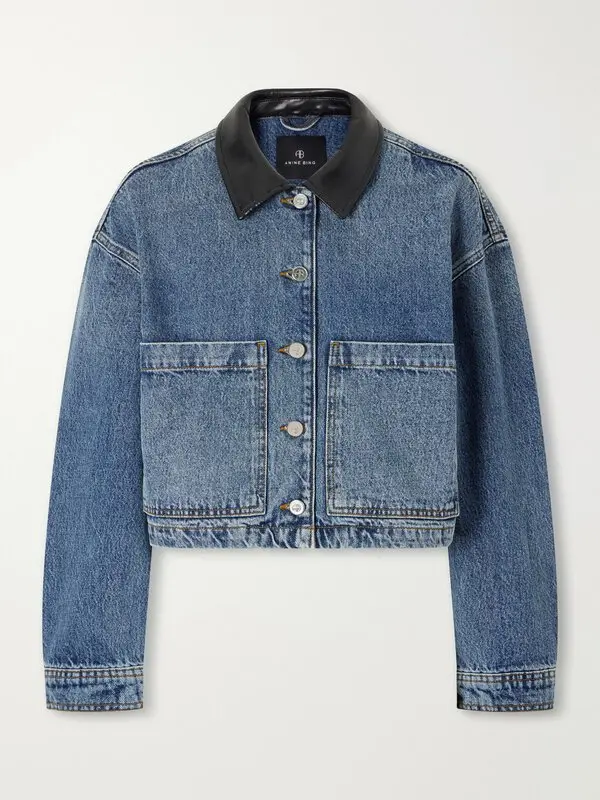 ANINE BING Yuma Cropped Denim Jacket With Leather Collar - Blue