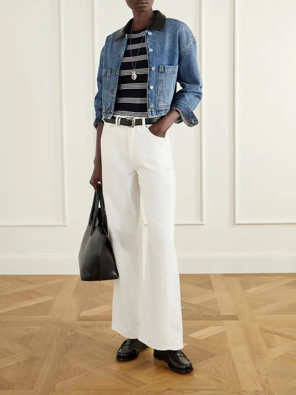 ANINE BING Yuma Cropped Denim Jacket With Leather Collar