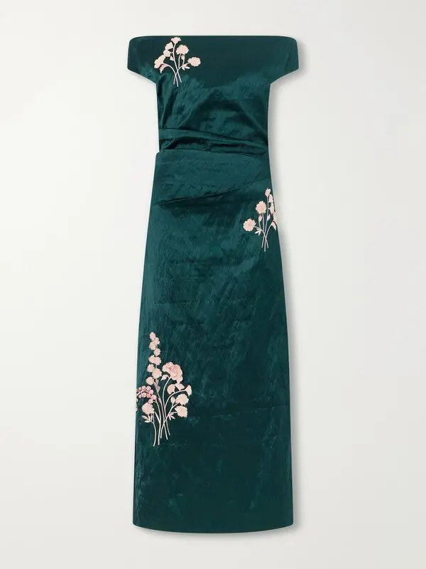 Erdem Floral-embroidered Satin Midi Dress - Green