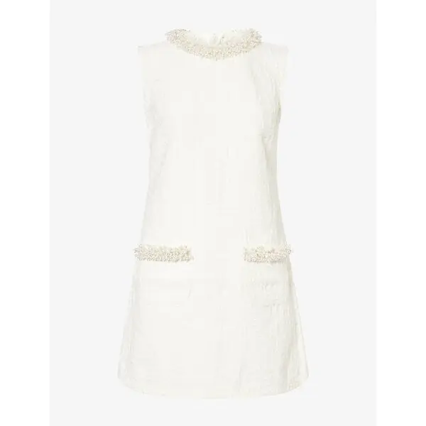SELF-PORTRAIT Pearl-embellished Denim Cotton Mini Dress - Cream