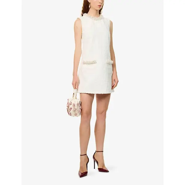 SELF-PORTRAIT Pearl-embellished Denim Cotton Mini Dress