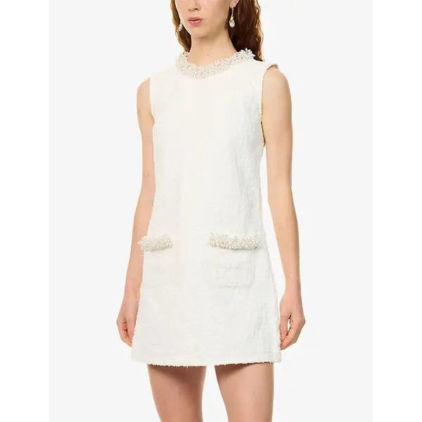 SELF-PORTRAIT Pearl-embellished Denim Cotton Mini Dress