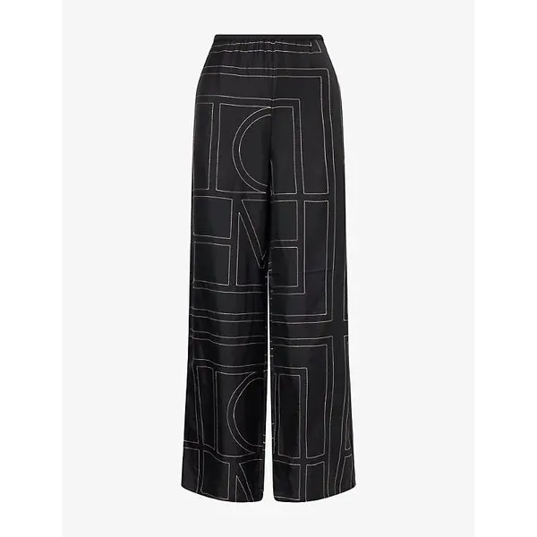 TOTEME Monogram-print Silk-twill Pyjama Bottoms - Black