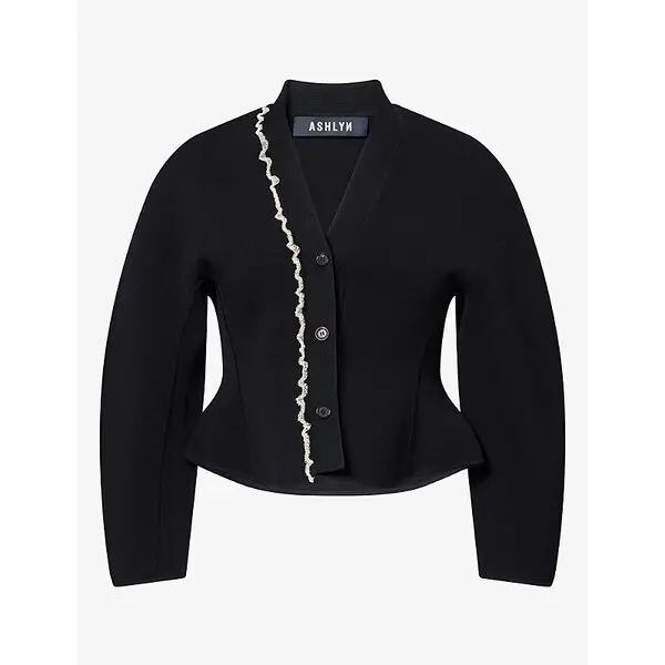 ASHLYN Henry Ruffle Woven Cardigan - Black