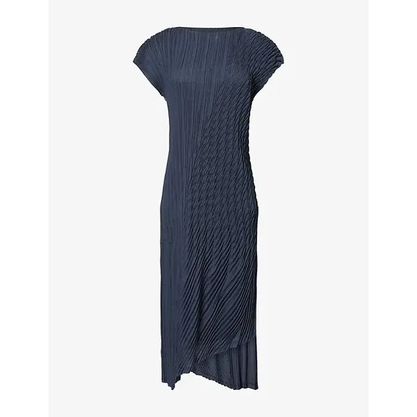 Issey Miyake Unfurling Pleats Asymmetric Knitted Midi Dress - Blue