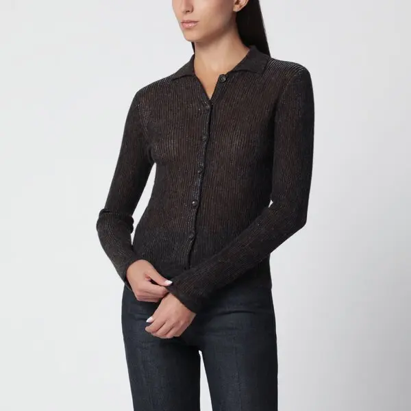 Brunello Cucinelli Sparkling Ribbed Silk Blend Cardigan - Brown