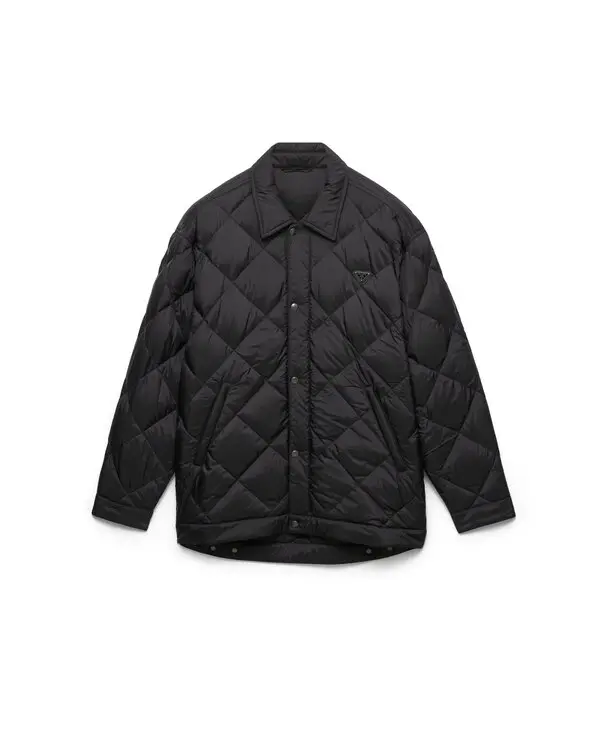 Prada Technical Fabric Down Coat With Saffiano Leather Detail