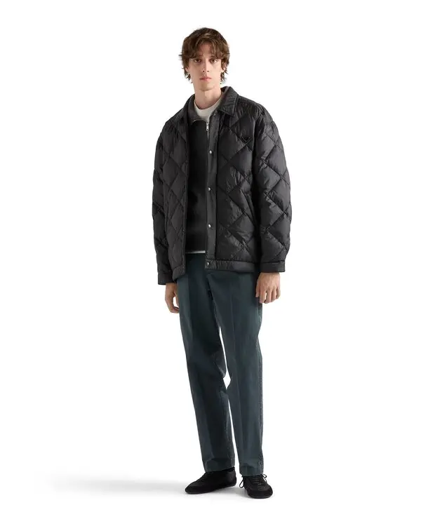 Prada Technical Fabric Down Coat With Saffiano Leather Detail