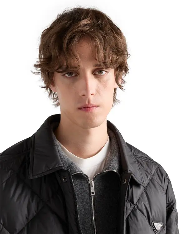 Prada Technical Fabric Down Coat With Saffiano Leather Detail