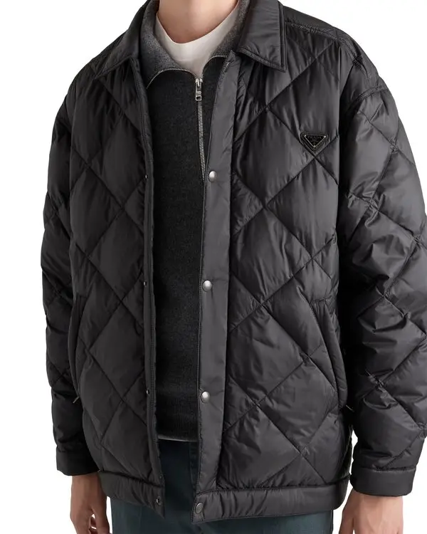 Prada Technical Fabric Down Coat With Saffiano Leather Detail