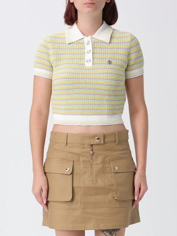 Casablanca Striped Cropped Cotton Knit Polo Shirt - Yellow
