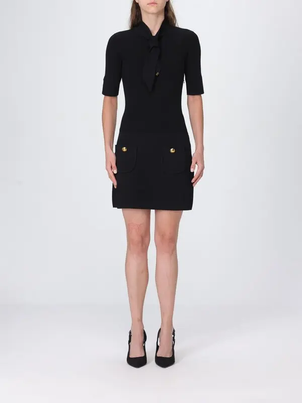 Elisabetta Franchi Knit Mini Dress With Pussy-bow Collar And Pockets - Black