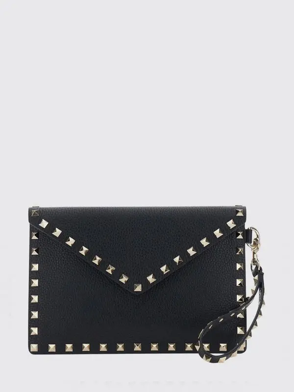 Valentino Garavani Rockstud Grained Leather Envelope Clutch - Black