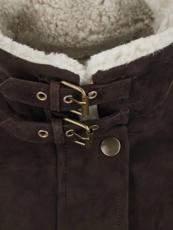 SEMICOUTURE Suede Leather Jacket With Fur Collar And Relaxed Fit
