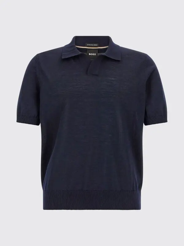 BOSS Virgin Wool Knit Polo Shirt With V-neck And Short Sleeves - Blue