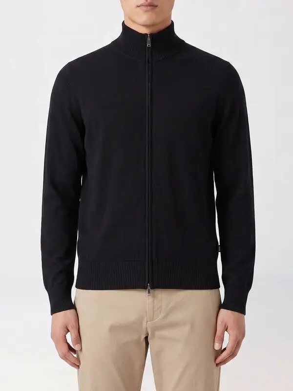 BOSS Slim Fit Virgin Wool Turtleneck Cardigan With Zip Closure - Black