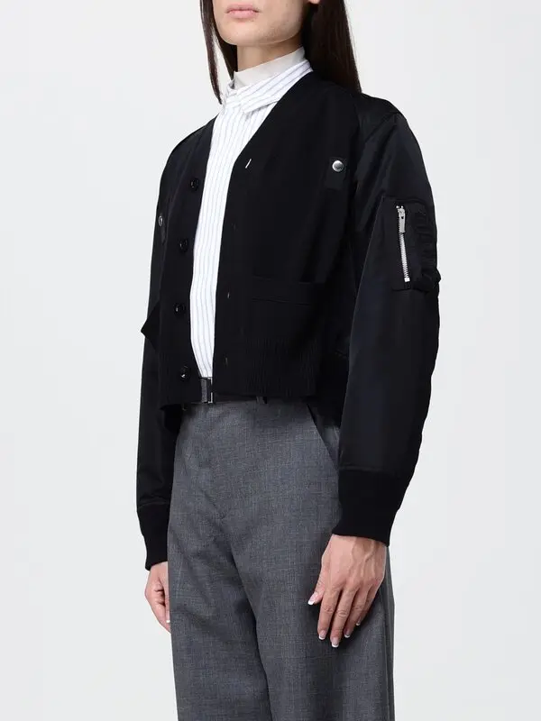 Sacai Bi-colour Cotton And Nylon Cardigan - Black